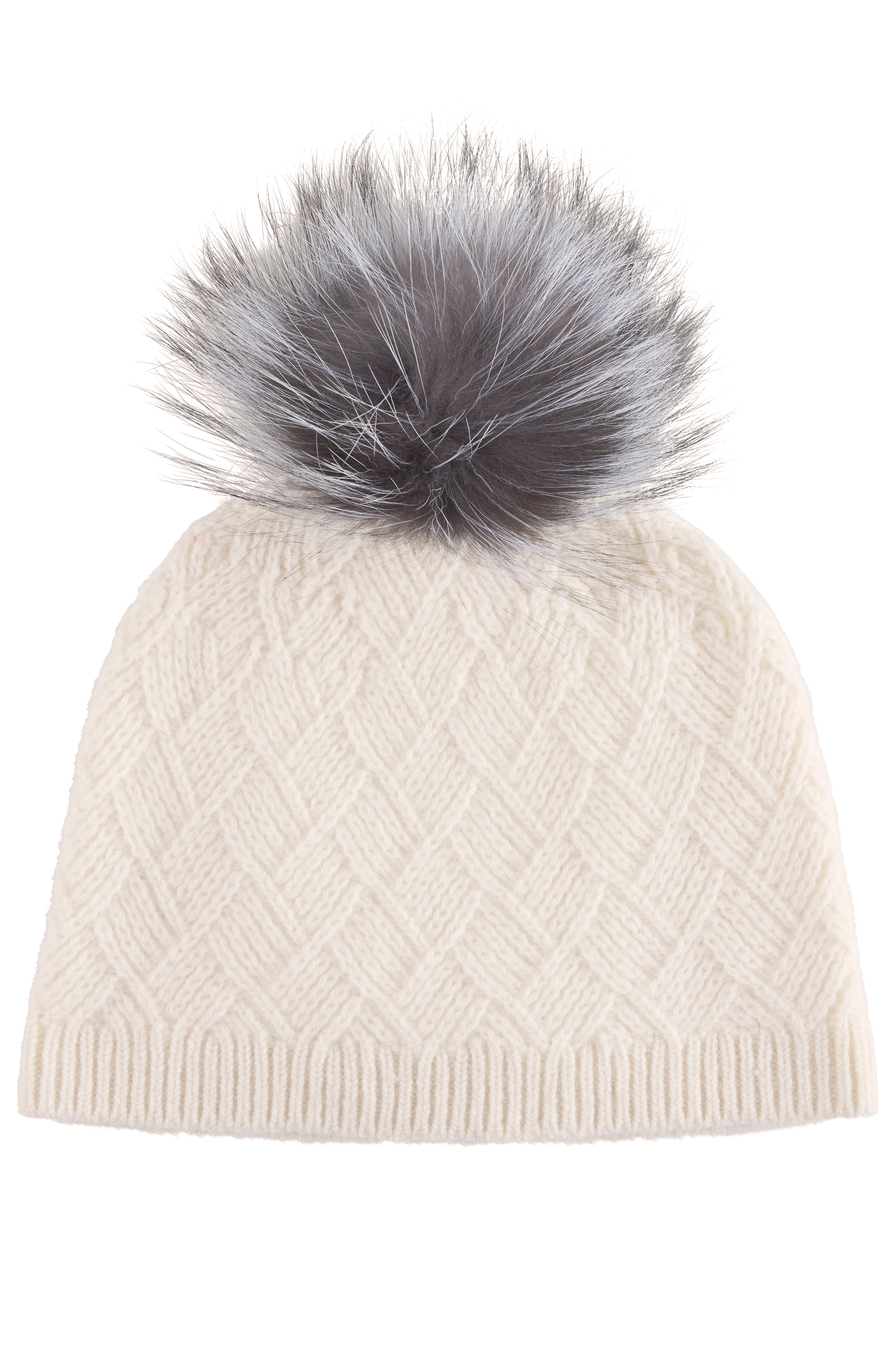 Cable Knit Cashmere Hat with Finland Fur PomPom | Amicale Cashmere