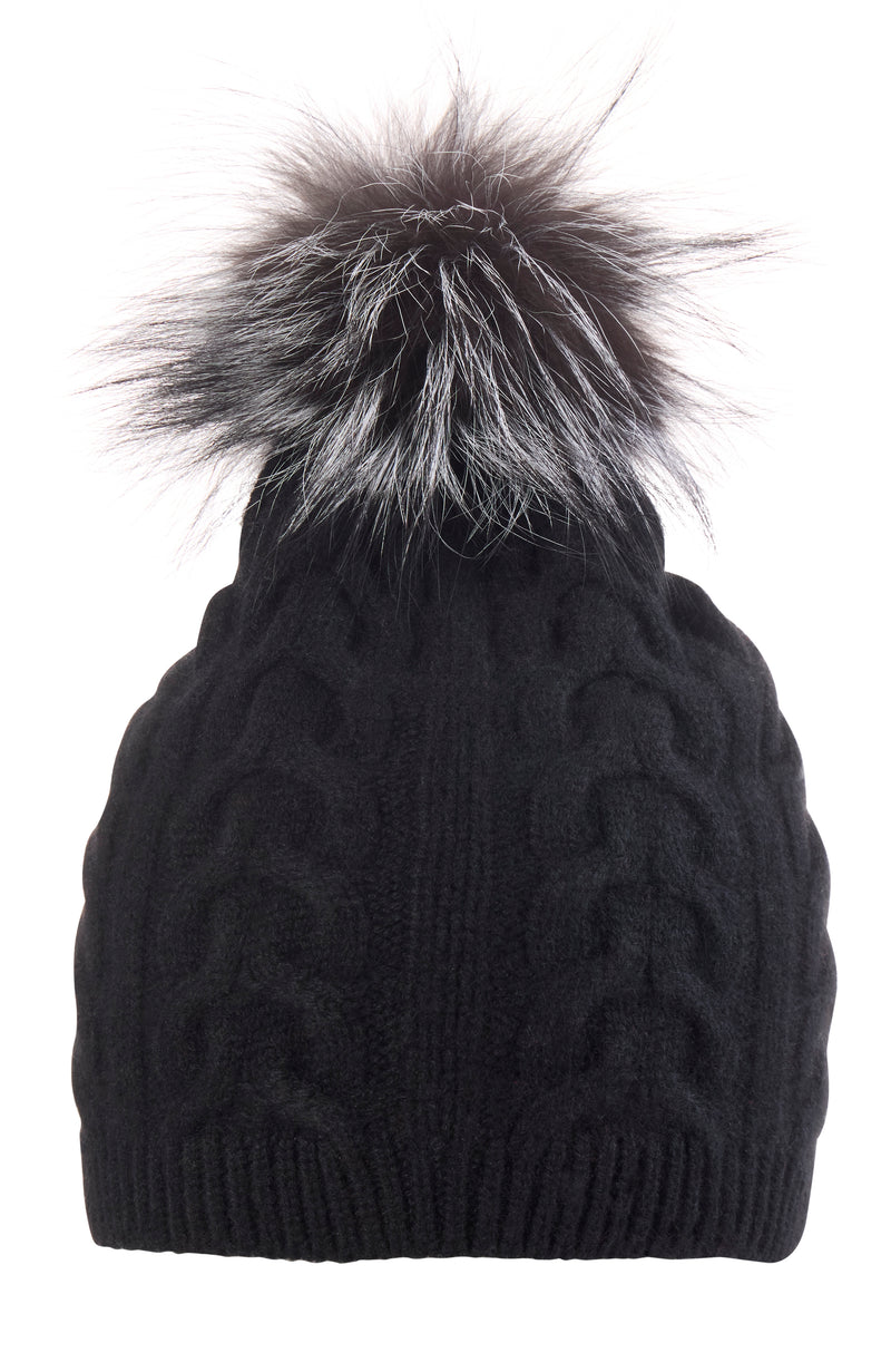 Staghorn Cable Knit Cashmere Hat with Plush Fur Pom | Amicale Cashmere