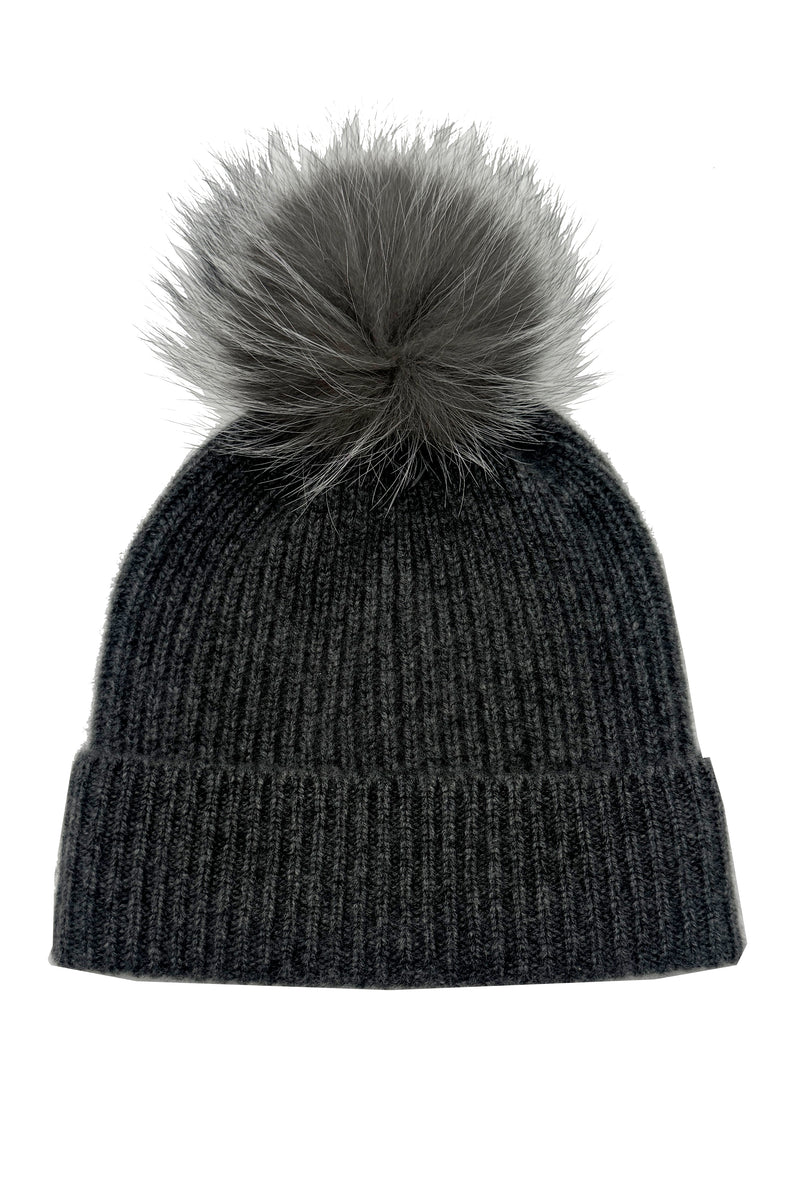 Cozy Cashmere Hat with Chunky Ribbed Knit & Fur Pom | Amicale Cashmere